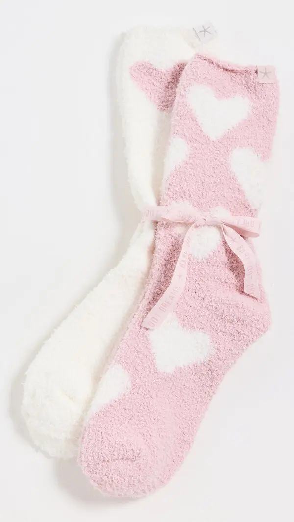 Barefoot Dreams Cozychic Heart Print Socks Set - Pink Peonie/pearl